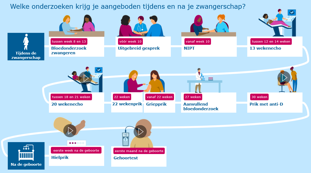 Tijdlijn: Onderzoeken tijdens de zwangerschap en na de geboorte | Prenatale en neonatale screeningen